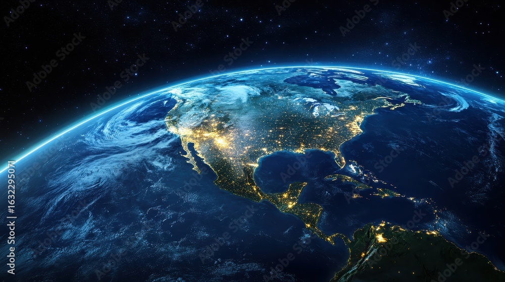 Earth illuminated at night with visible light trails from major cities ...