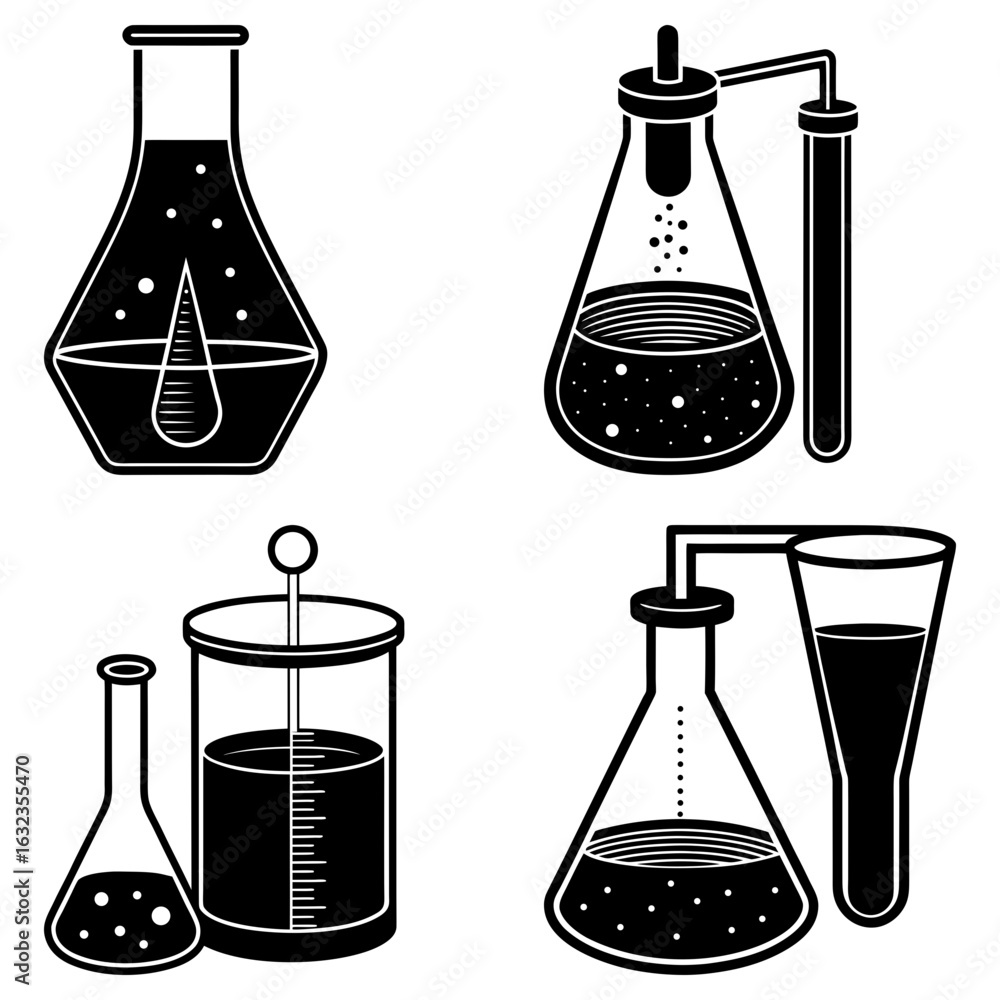 Illustration of four different black and white scientific laboratory ...