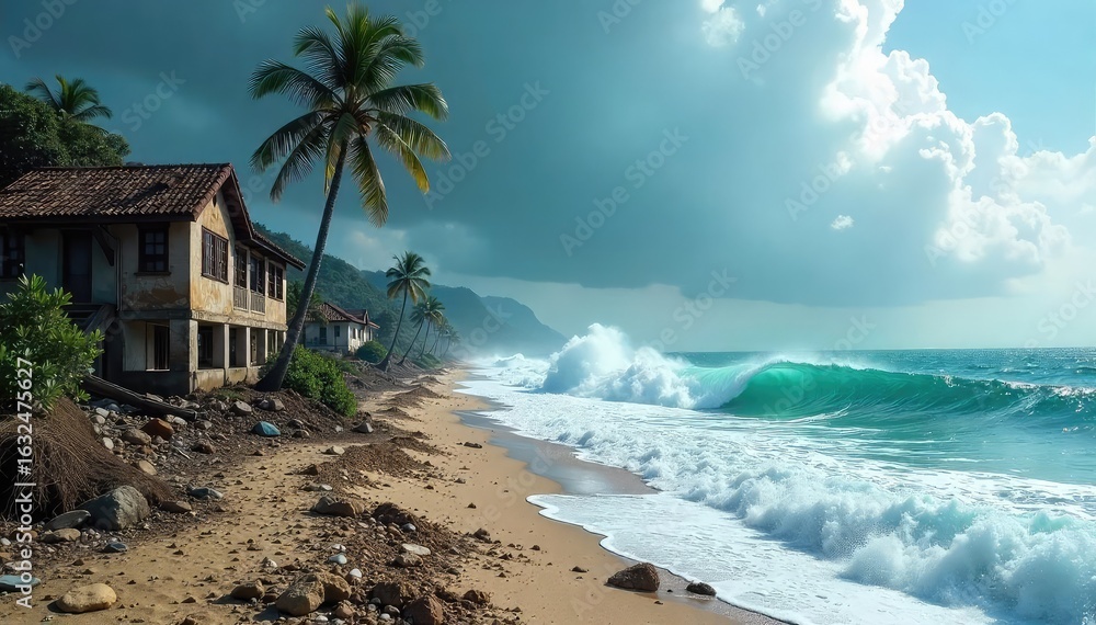 Devastating tsunami wave crashes over coastal buildings, leaving behind ...