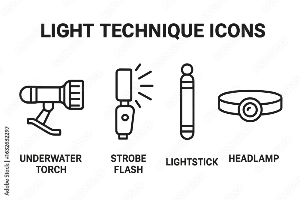 Outline Light Technique Icons Set. Underwater Torch, Strobe Flash ...