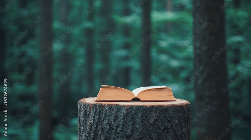 Book resting on a tree stump, with the forest providing the perfect ...