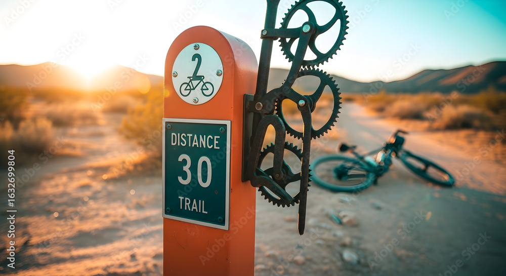 Bicycle Trail Marker Post And A Bike Lying On The Ground At Sunset ...