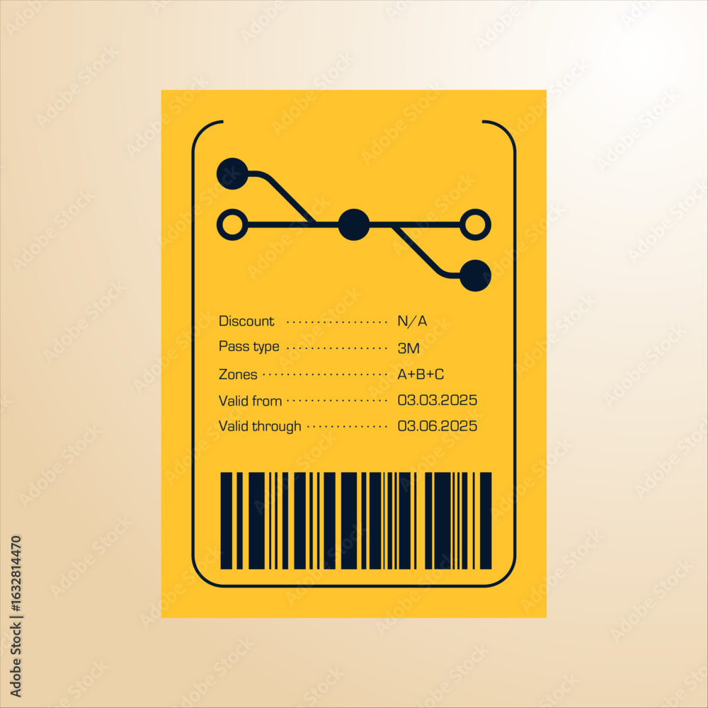 Yellow Public Transportation Travel Pass With Barcode Map Route And ...