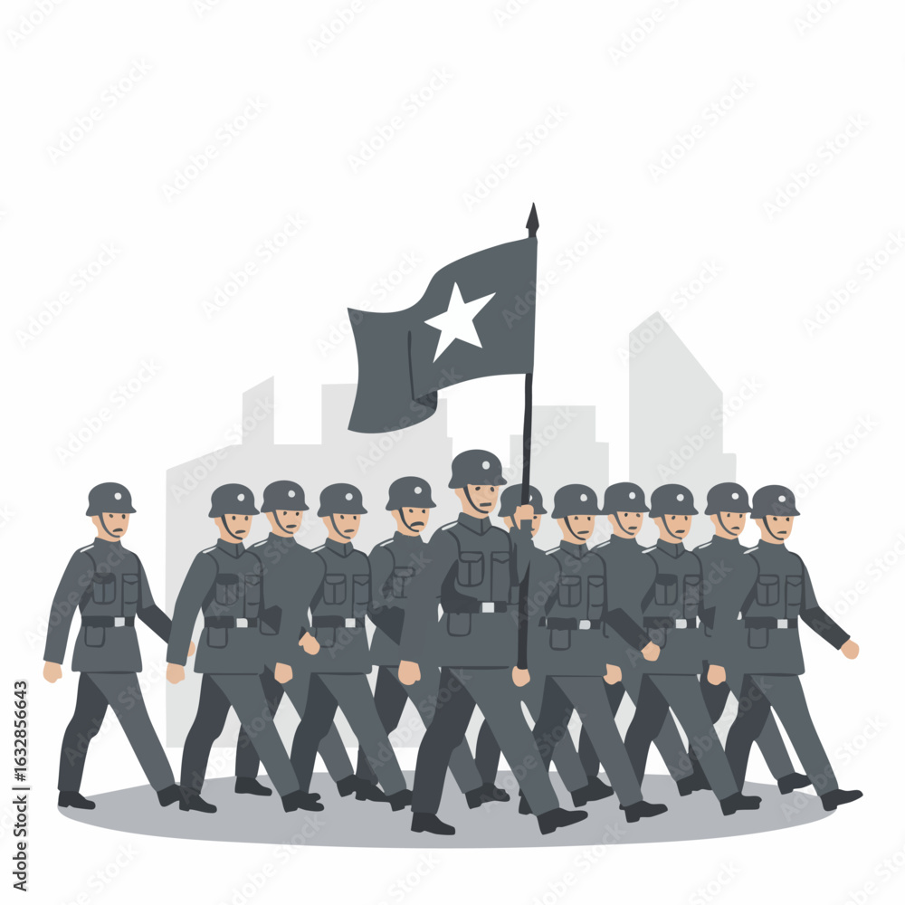 Marching soldiers in formation carry flag to represent national defense ...