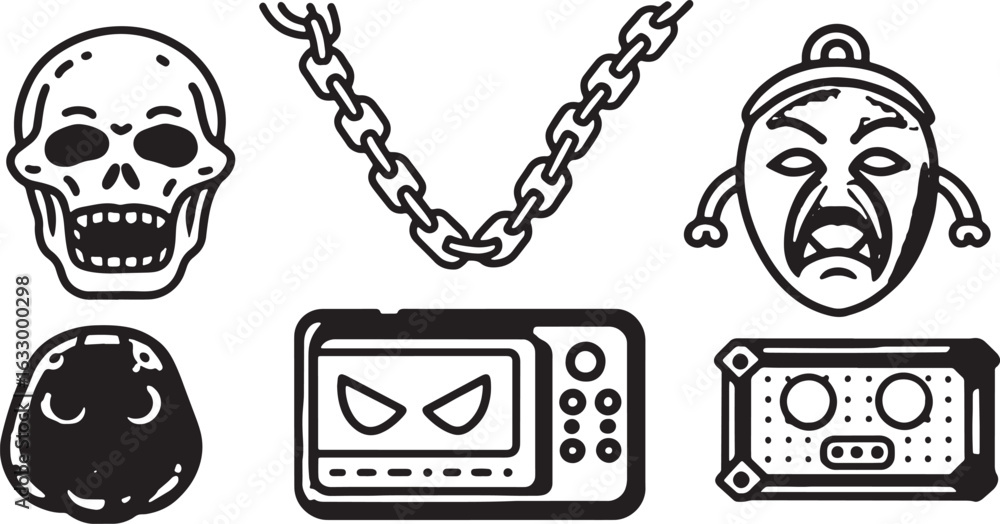 Black and white cartoon icons of a skull a chain a mask a blob and two ...