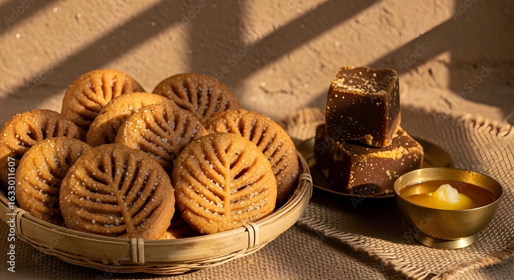 Jharkhandi Thekua on Handwoven Basket with Raw Sugar Crystals Stock ...