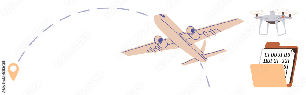 Airplane crossing dashed flight path toward location pin with drone and ...