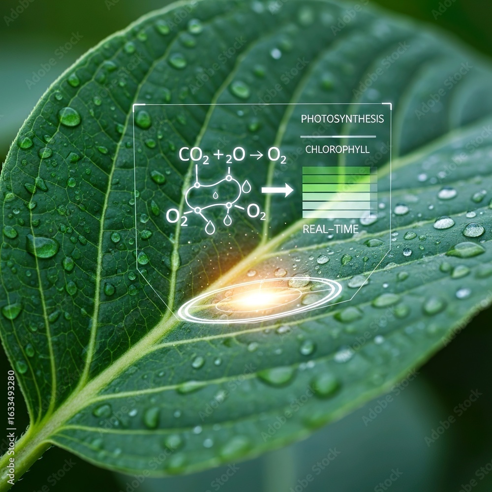 Digital display on green leaf showing photosynthesis process and ...