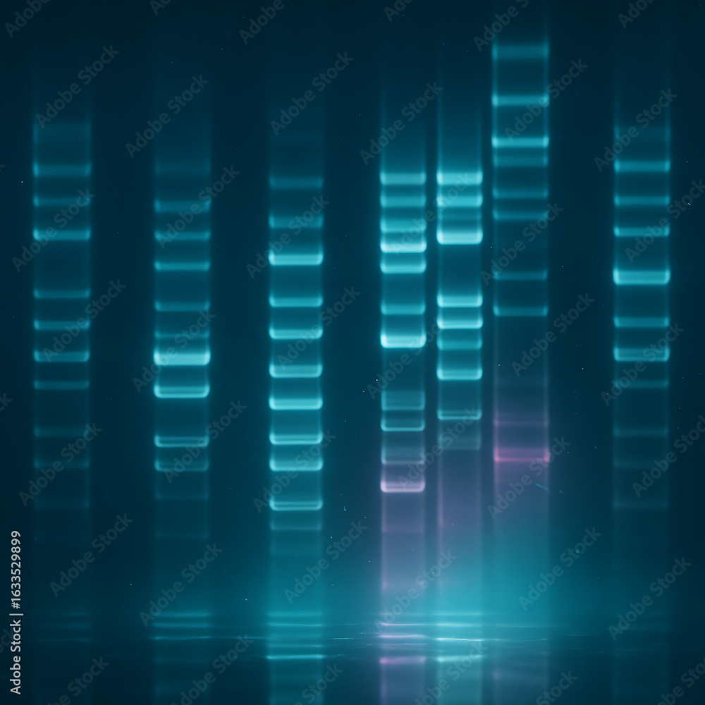 Glowing DNA sequence bands in futuristic gel electrophoresis analysis ...