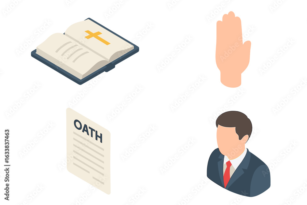 Oath ceremony icons. Isometric vector set with open Bible, raised right ...