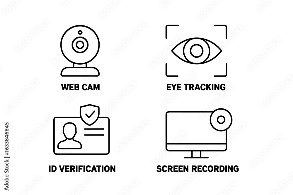 Online Exam Proctoring Icons Set. Web Cam, Eye Tracking, ID ...