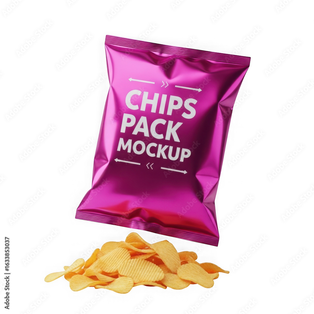 Pink chips pack mockup with crisps isolated on transparent background ...