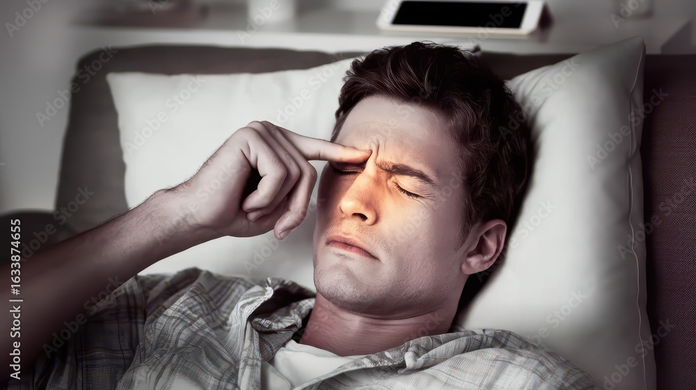Man lying on a couch applying fingers to forehead for sinus relief ...