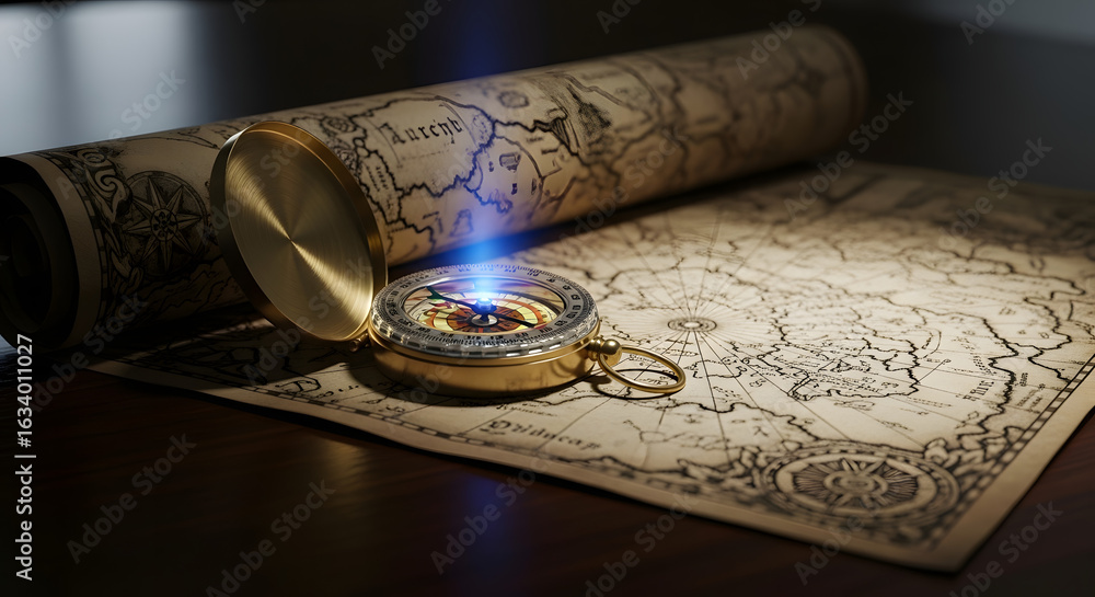 An Ancient Compass Glowing on a Vintage World Map, Symbolizing ...