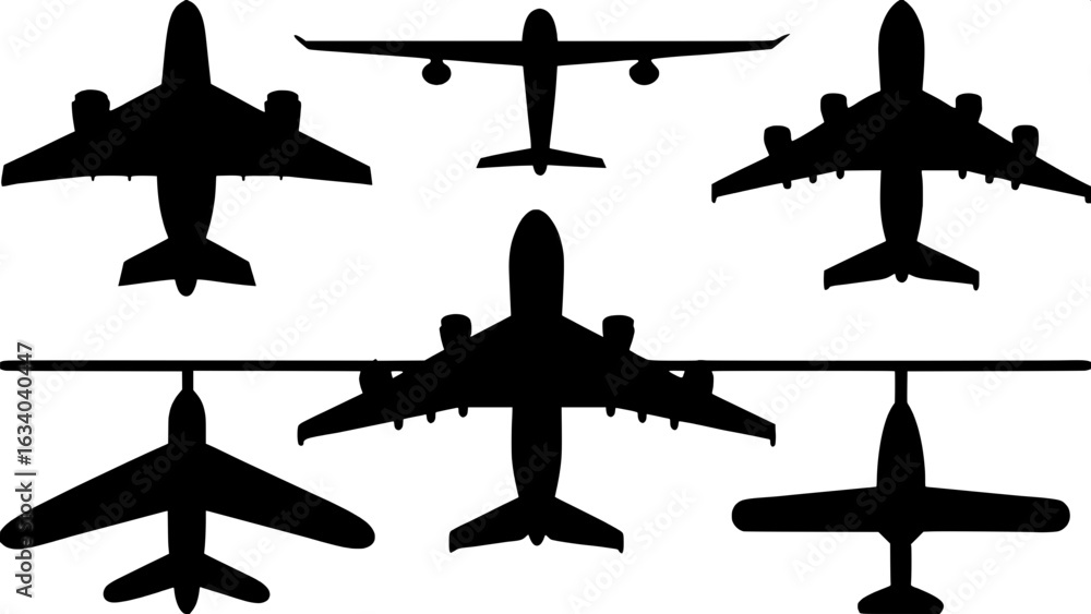 “Minimalist illustration of different airplane silhouettes in black ...