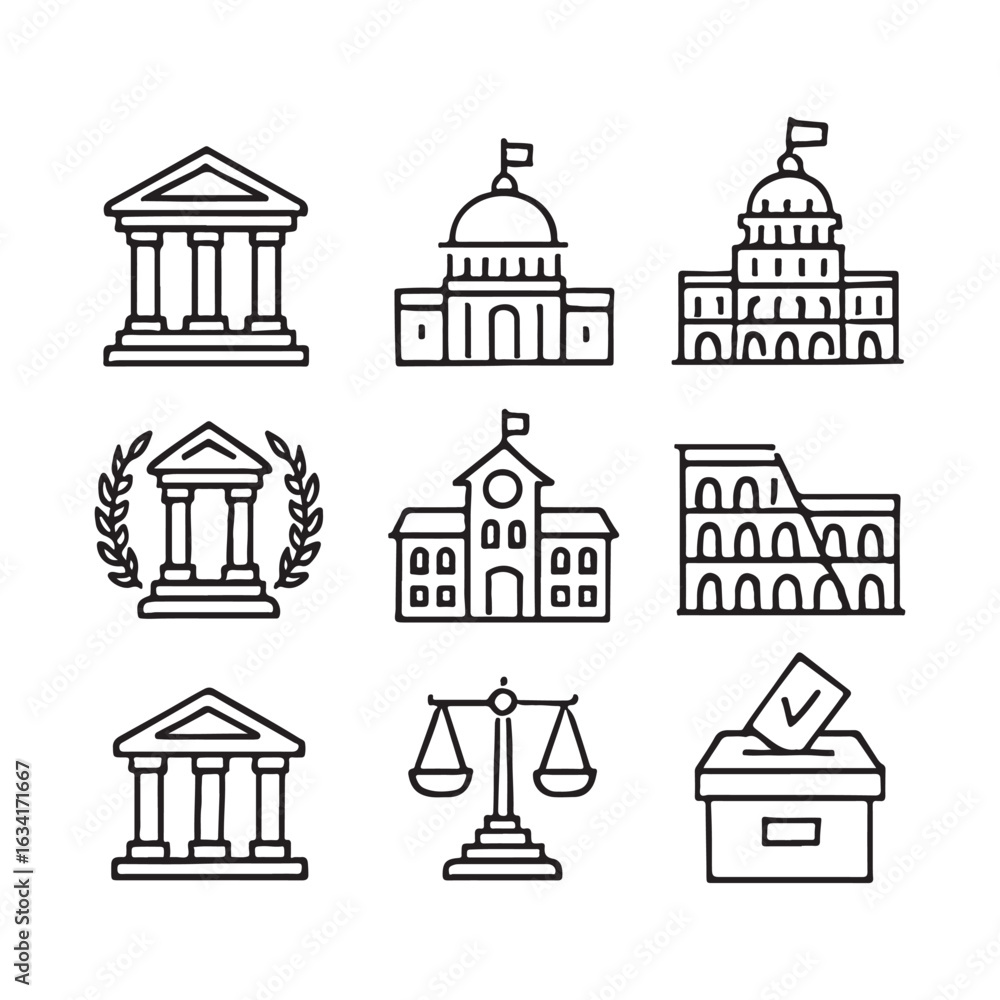 Simple Black Line Art Illustrations of Government and Civic Buildings ...