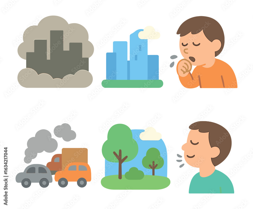 Pollution vs Clean Air. Flat vector mini-illustrations Polluted vs ...