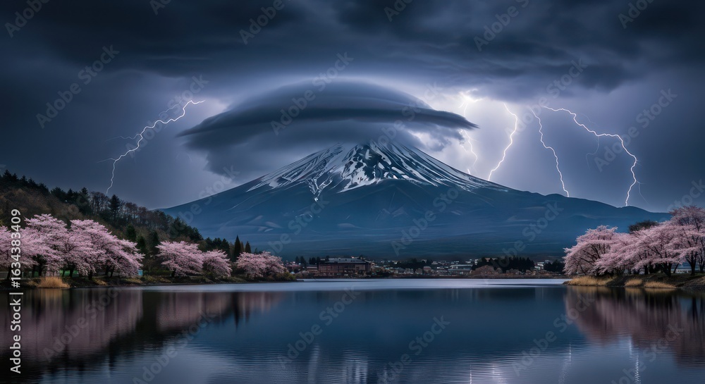 Electric Tempest Over Mount Fuji with Lenticular Cloud and Sakura Stock ...