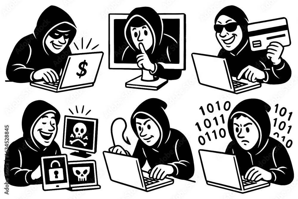 Cybercriminals and hackers with laptops and devices in retro comic ...