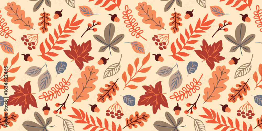 Autumn leaves doodle seamless pattern with colorful foliage and acorns ...