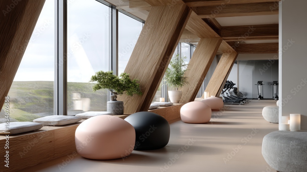 Spacious fitness area features natural lighting and wooden beams ...