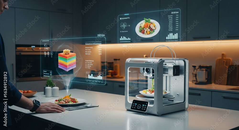 3D food printer creating meal in modern kitchen, with digital interface ...