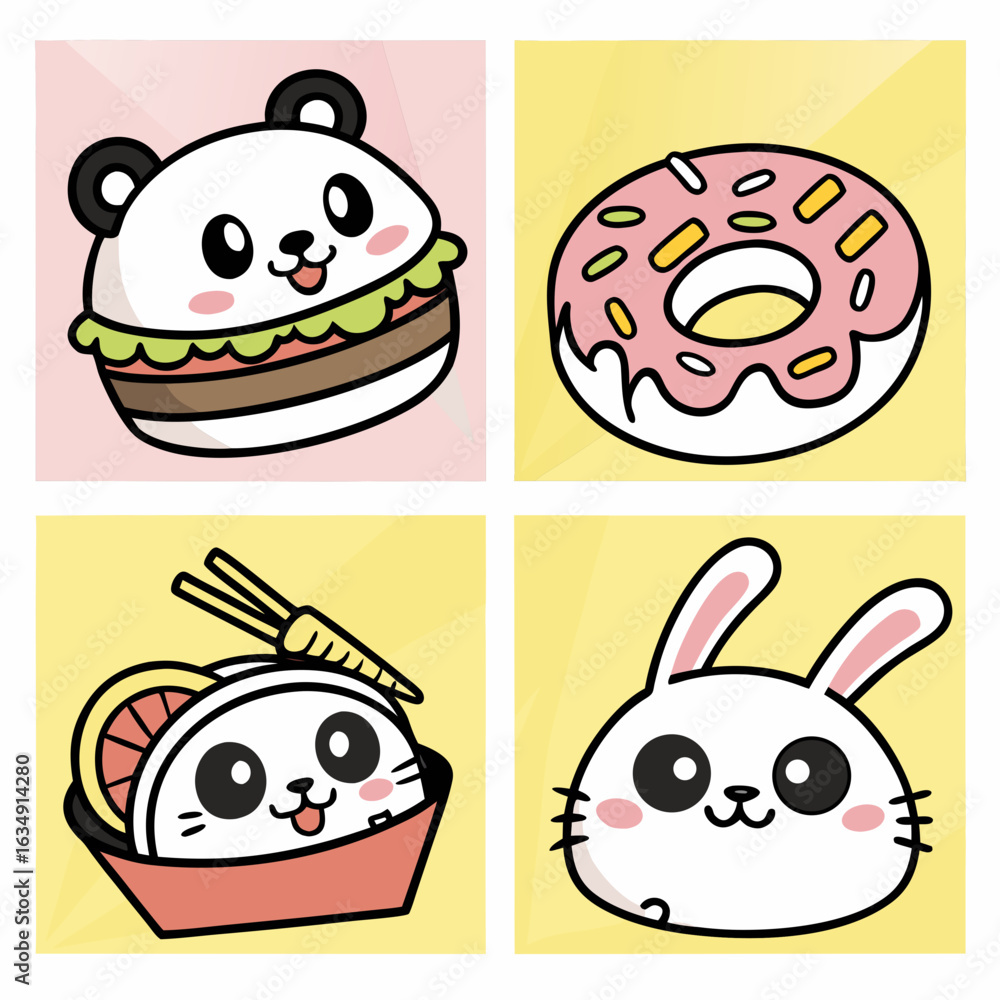 Stock-Vektorgrafik „Chibi-style food animal hybrid icons: burger bear ...