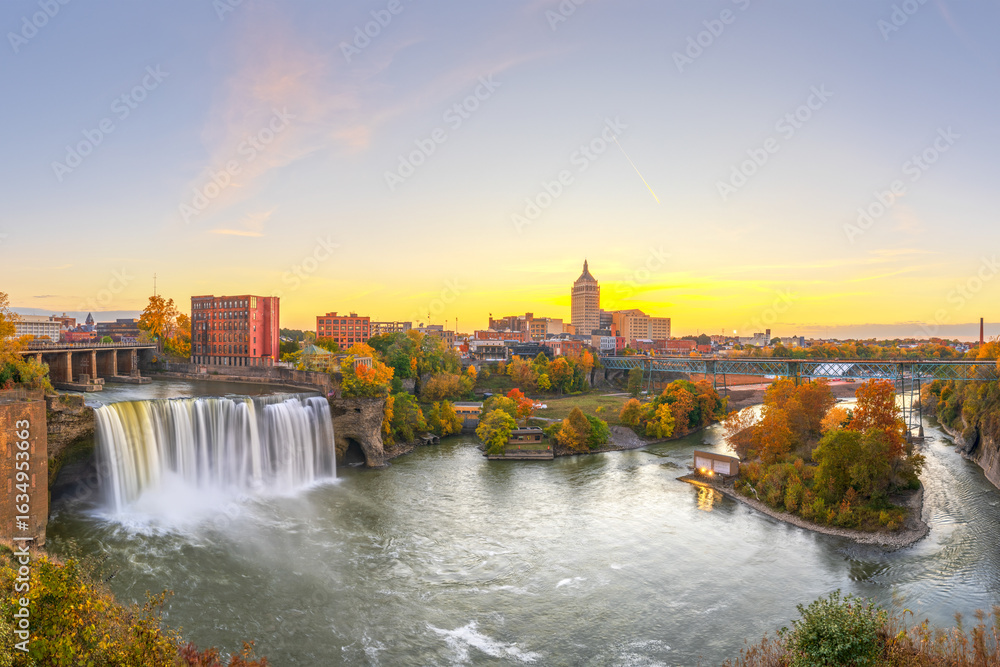 Rochester, New York, USA cityscape on the Genesee River and High Falls ...