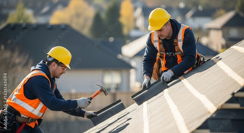Two roofers in yellow hard hats and orange vests installing shingles on ...
