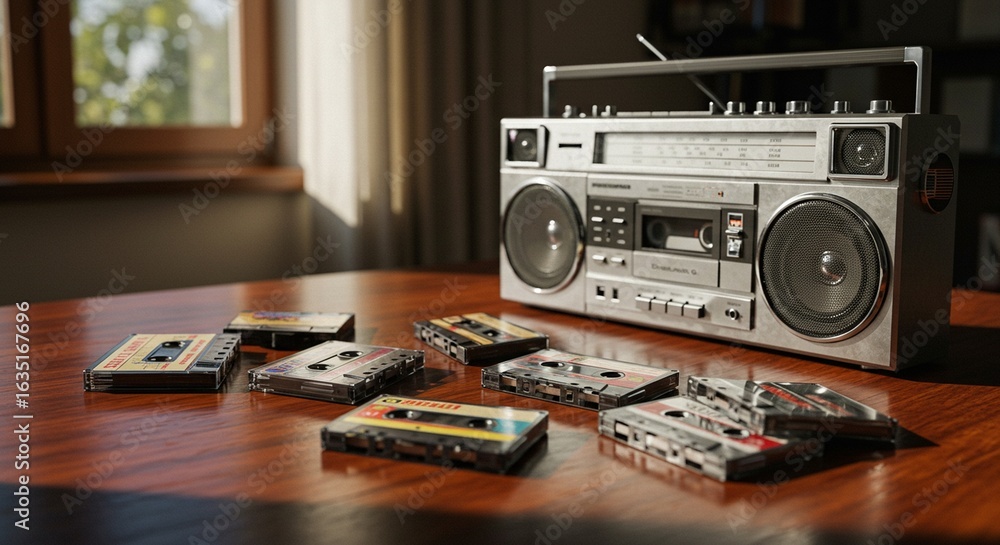 Foto de Stock Retro Boombox and Cassette Tapes on Wooden Table: A ...