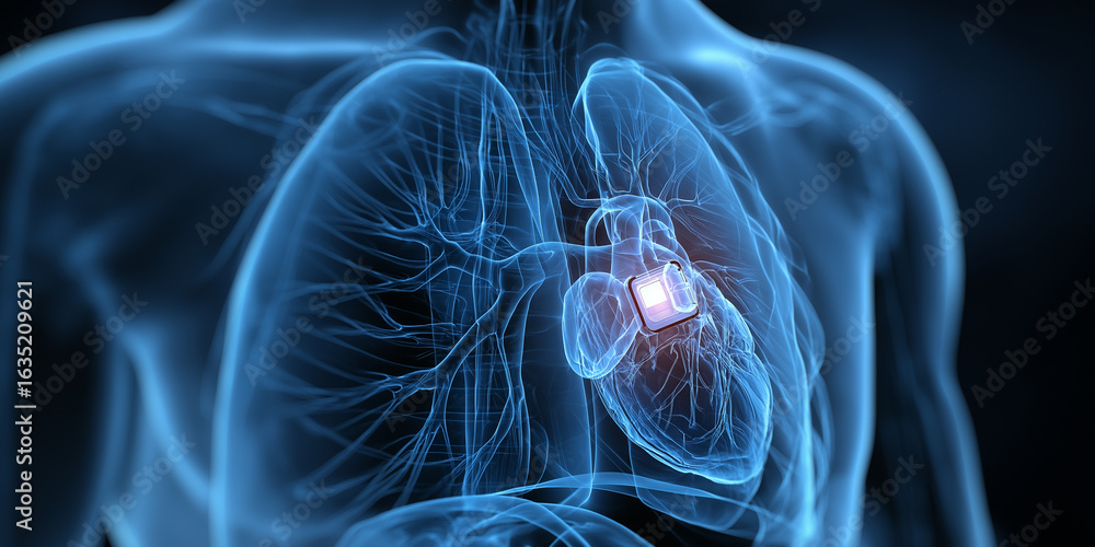 Digital illustration of human chest with semi transparent view showing ...