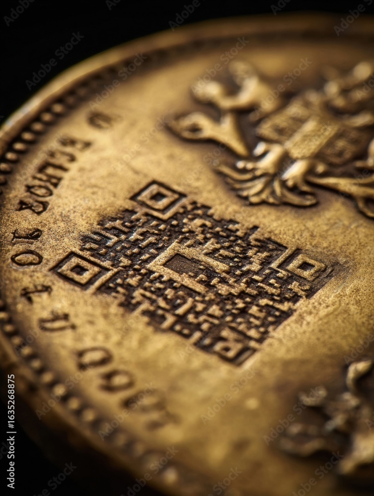 ภาพถ่าย Stock Vintage Coin Featuring a QR Code and Intricate Engravings ...