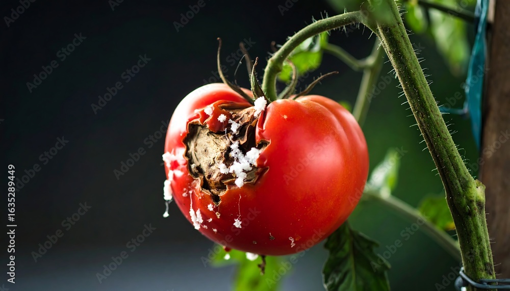 Damaged tomato on the vine, showing signs of rot and decay with visible ...
