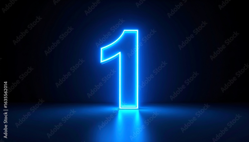 ภาพถ่าย Stock Glowing neon blue number one on dark background (2 ...