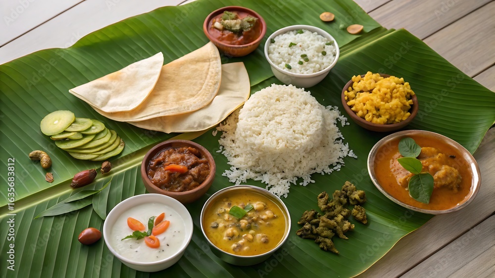 Foto de Stock Traditional Onam Sadhya with Rice, Sambar, Rasam, Parippu ...