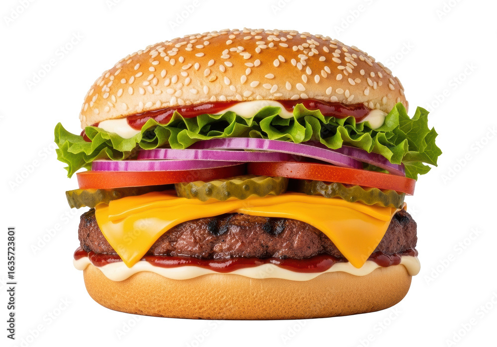 Ultra-realistic classic beef burger with charred patty, melted cheddar ...