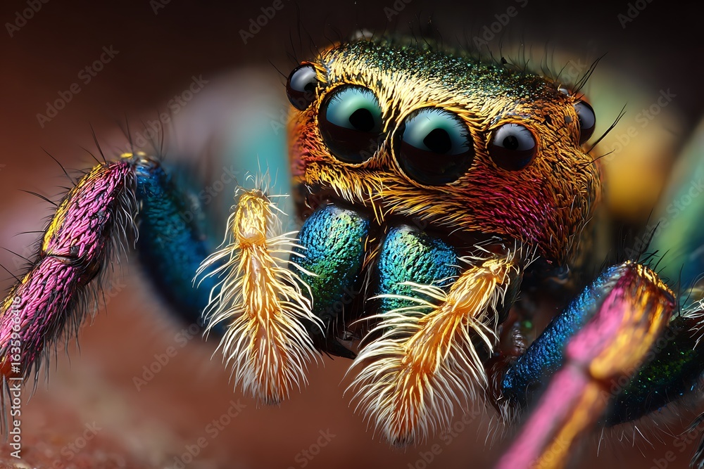 Extreme macro view of a jumping spider s colorful face with vibrant ...