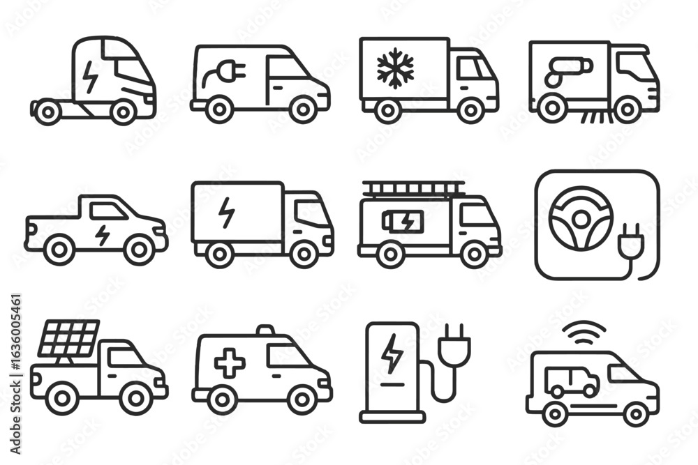 Electric Truck Icons. Line style icons of electric trucks and utility ...