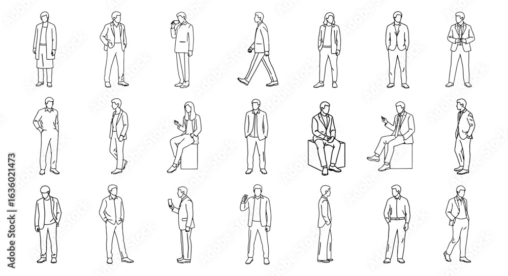 Diverse minimalist line art illustrations of people in various poses ...