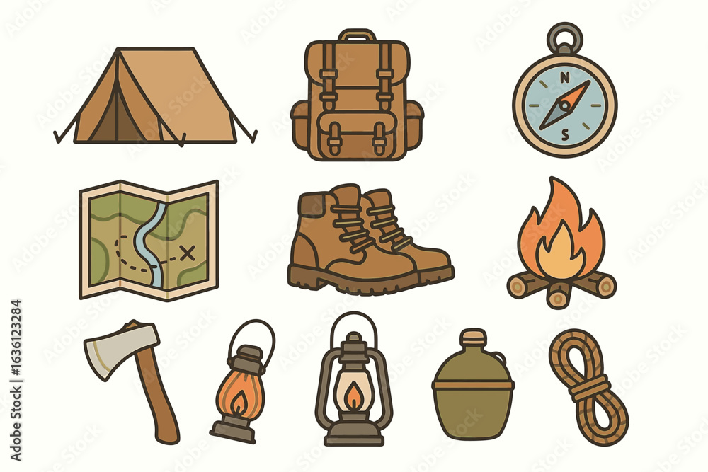 Camping essentials icons: tent, backpack, compass, map, boots, campfire ...