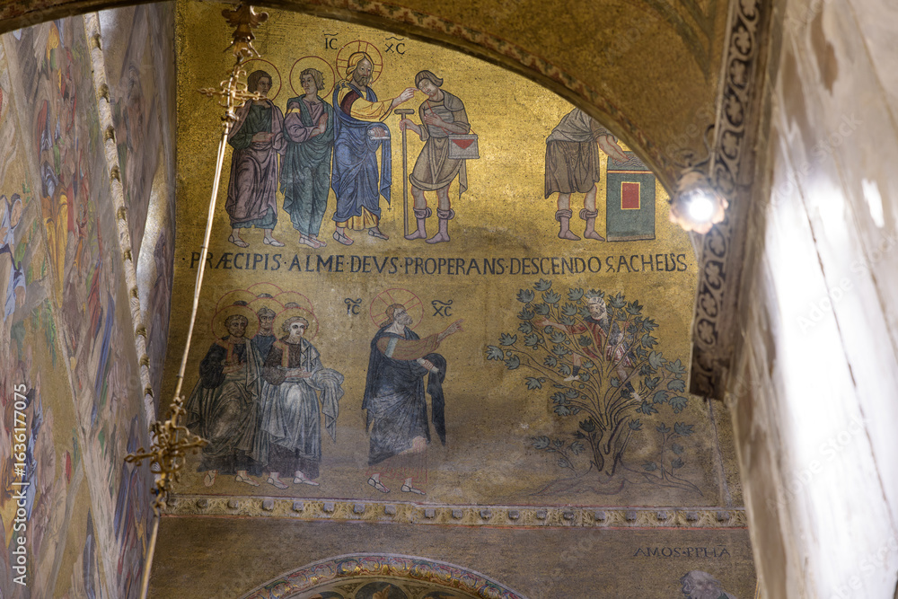 Golden mosaic depicting Christ and Zacchaeus on a sycamore tree inside ...