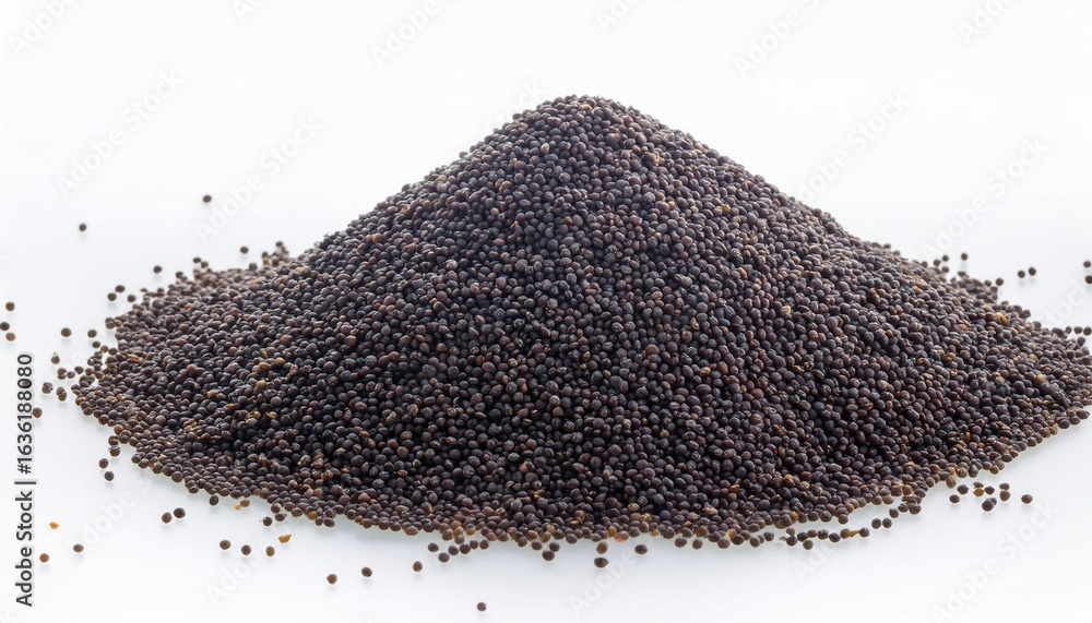 a heap of whole black mustard seeds with their tiny round shape ...