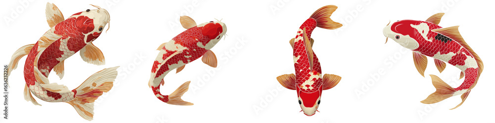 Four Red White Koi Fish Swimming in Different Poses isolated on a ...