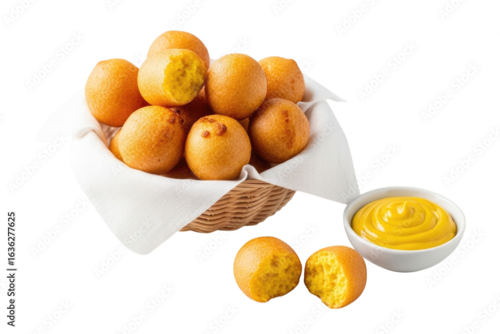 Freshly baked cornbread balls served with creamy mustard sauce in a ...