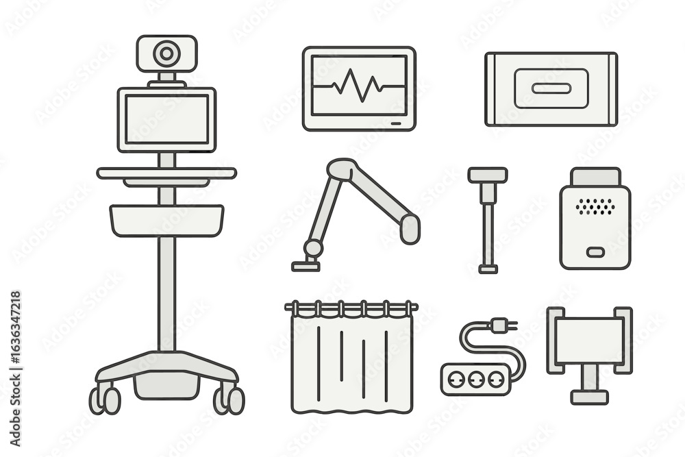 Medical equipment layout featuring a monitor, diagnostic tools, and a ...