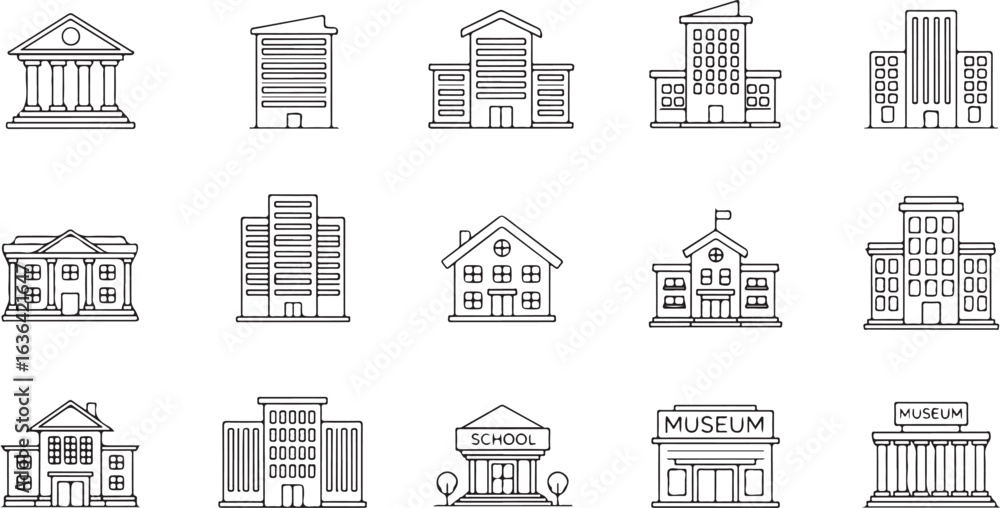 Black and white vector line art of diverse buildings icons for ...