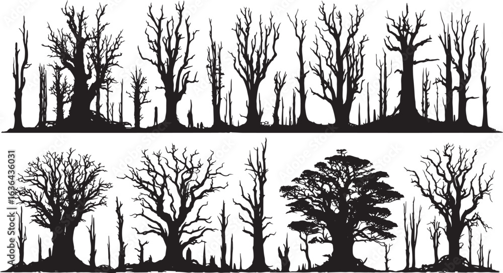 Silhouette of a dead tree forest vector illustration. Illustration of ...