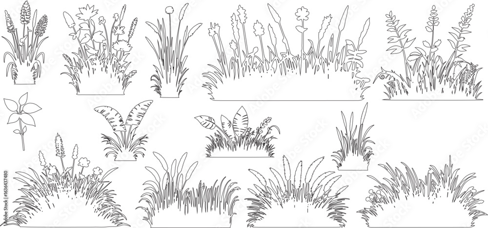 Plant elevation line silhouettes outline - grass, shrub, tree set ...