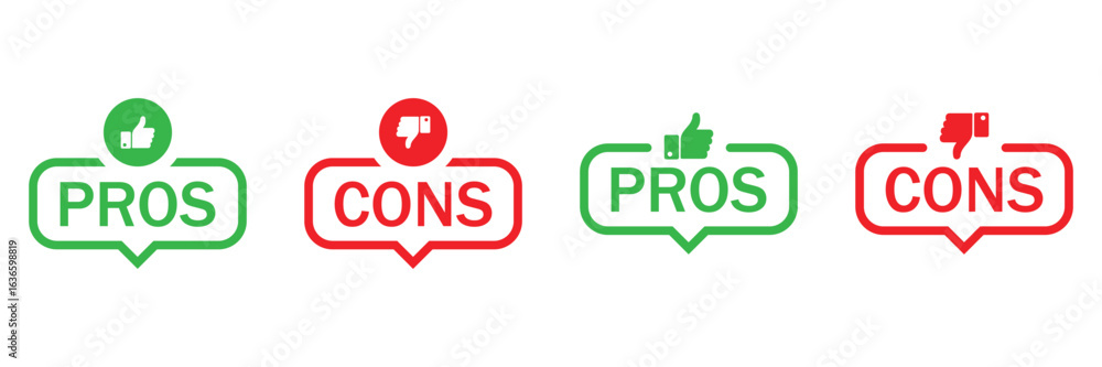 Green and Red Pros and Cons Icons with Thumbs Up and Down Symbols Stock ...