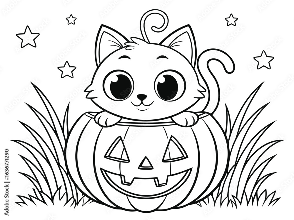 Pumpkin Cat Halloween Coloring Page for Kids. Cute Halloween cat ...